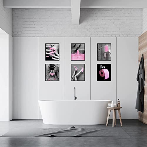 SIKYUCOR Fashion Wall Art Bathroom Wall Decor Prints Pink Glam Glitter Tissue Canvas Posters Photos Bathroom Pictures Artwork Black and White Modern Women Funny Bathroom (Pink, 8"x10" UNFRAMED)