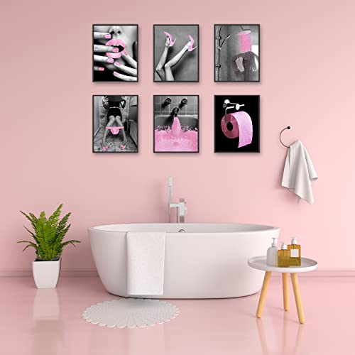 SIKYUCOR Fashion Wall Art Bathroom Wall Decor Prints Pink Glam Glitter Tissue Canvas Posters Photos Bathroom Pictures Artwork Black and White Modern Women Funny Bathroom (Pink, 8"x10" UNFRAMED)