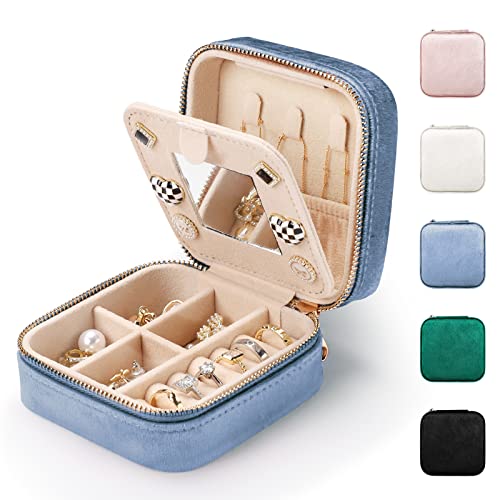 Sightor Velvet Travel Jewelry Box Organizer, Small Jewelry Case with Mirror Portable Display Jewelry Storage Case for Rings Earrings Necklace Bracelet, Perfect for Women Girls (Blue)