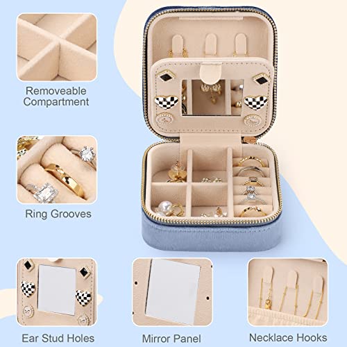 Sightor Velvet Travel Jewelry Box Organizer, Small Jewelry Case with Mirror Portable Display Jewelry Storage Case for Rings Earrings Necklace Bracelet, Perfect for Women Girls (Blue)