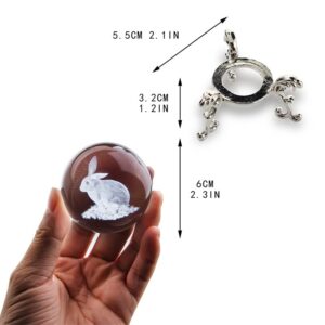 60mm Glass Laser Engraved Rabbit Ball Paperweights 2023 Crystal Easter Rabbit Year Figurines 3D Crystal Ball with Stand Easter Bunny Decoration for Home Office Birthday Gifts for Mum Women Kids Girls