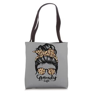 grandy life messy bun hair funny grandma tote bag