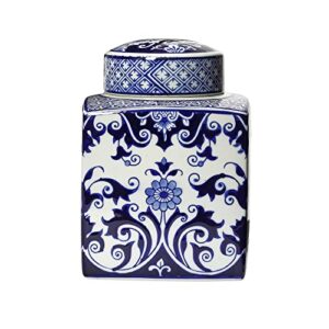 Creative Co-Op Decorative Stoneware, Blue and White Ginger Jar, Floral Pattern