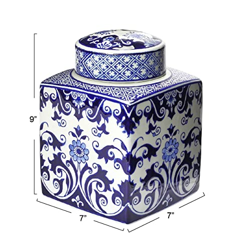 Creative Co-Op Decorative Stoneware, Blue and White Ginger Jar, Floral Pattern