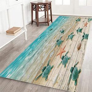 long runner rug for hallway,sea turtles and starfish at ocean sandy beach on rustic vintage wood panels,area rug non-slip floor carpet for bedroom indoor doormat washable entrance door mat,teal