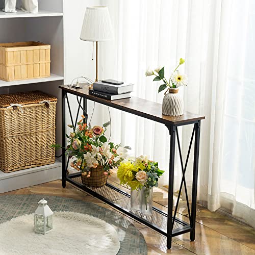 Yoobure Console Tables Entryway 47.3" Sofa Tables Narrow Long Entry Table with USB Ports Behind Couch Entrance Hallway Table with Stable Metal Support Living Room, Rustic Brown