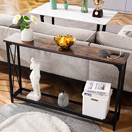 Yoobure Console Tables Entryway 47.3" Sofa Tables Narrow Long Entry Table with USB Ports Behind Couch Entrance Hallway Table with Stable Metal Support Living Room, Rustic Brown