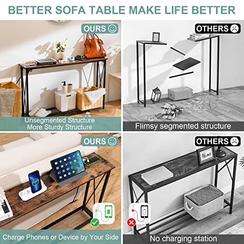 Yoobure Console Tables Entryway 47.3" Sofa Tables Narrow Long Entry Table with USB Ports Behind Couch Entrance Hallway Table with Stable Metal Support Living Room, Rustic Brown