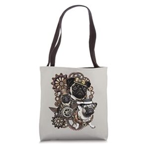 steampunk pugs art pug dogs lovers vintage steampunk dog tote bag