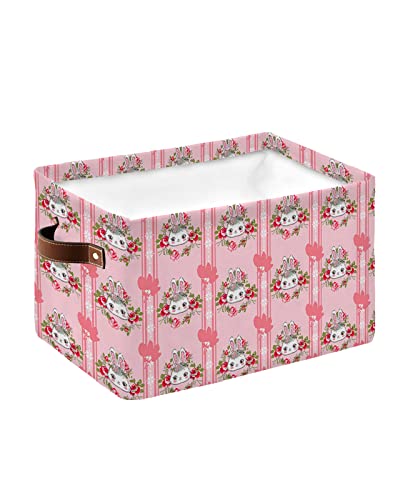 Bunny Large Storage Baskets Bins Easter Rabbits Spring Pink Flower Plant Leaves Collapsible Storage Box Laundry Organizer for Closet Shelf Nursery Kids Bedroom （1pc)