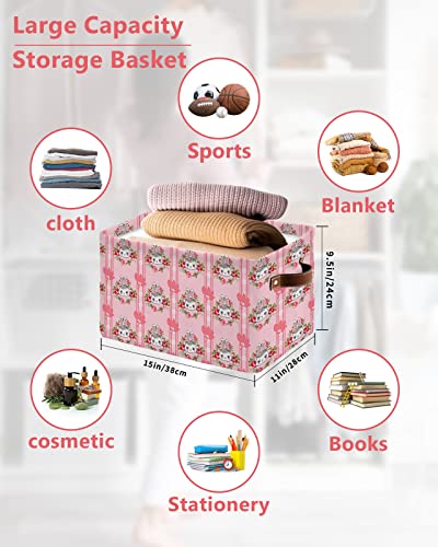 Bunny Large Storage Baskets Bins Easter Rabbits Spring Pink Flower Plant Leaves Collapsible Storage Box Laundry Organizer for Closet Shelf Nursery Kids Bedroom （1pc)