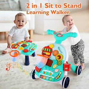 Eners Sit to Stand Baby Learning Walker with Wheels, Baby Activity Walker, 2 in 1 Baby Push Walkers and Activity Center, Walker for Baby Boy Girl (Walker Green)