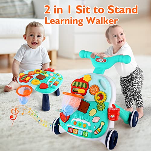 Eners Sit to Stand Baby Learning Walker with Wheels, Baby Activity Walker, 2 in 1 Baby Push Walkers and Activity Center, Walker for Baby Boy Girl (Walker Green)