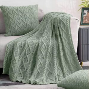 homiest sage green cable knit throw blanket 90 x 90 inch, queen lightweight blanket acrylic knitted throw blanket with diamond texture, soft & cozy blanket decorative throw blanket for couch bed sofa