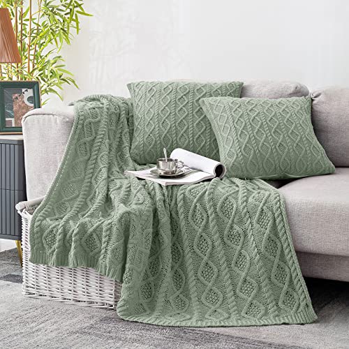 Homiest Sage Green Cable Knit Throw Blanket 90 x 90 Inch, Queen Lightweight Blanket Acrylic Knitted Throw Blanket with Diamond Texture, Soft & Cozy Blanket Decorative Throw Blanket for Couch Bed Sofa