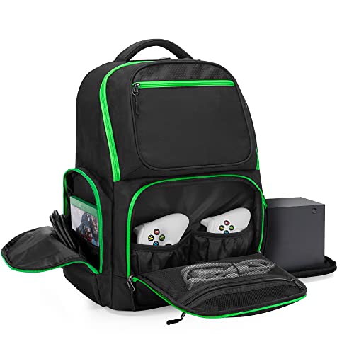 Trunab Travel Backpack Compatible with Xbox Series X Carrying Case Game Storage Bag with 2 Inner Spaces for Xbox X/S Console, Multiple Pockets for 15.6” Laptop and Other Gaming Accessories, Black (Patent Pending)