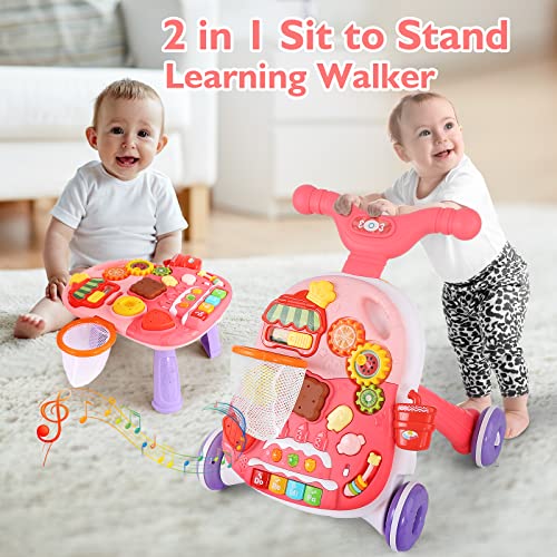 Eners Sit to Stand Baby Learning Walker with Wheels, Baby Activity Walker, 2 in 1 Baby Push Walkers and Activity Center, Walker for Baby Boy Girl (Walker Pink)