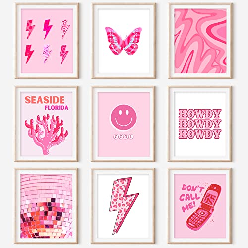 GENSTEUO 9Pcs Cute Preppy Room Decor Aesthetic, Preppy Wall Art, Preppy Posters Paintings, Cute Pictures Prints for Bedroom Dorm Decorations, Preppy Pink Poster Wall Collage (8x10 UNFRAMED)