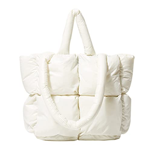 OWGSEE Puffer Tote Bag, Soft Puffy Bags for Women Light Winter Down Cotton Padded Quilted Tote Bag Shoulder Handbag Purse (White)