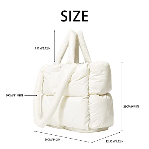 OWGSEE Puffer Tote Bag, Soft Puffy Bags for Women Light Winter Down Cotton Padded Quilted Tote Bag Shoulder Handbag Purse (White)