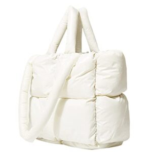 OWGSEE Puffer Tote Bag, Soft Puffy Bags for Women Light Winter Down Cotton Padded Quilted Tote Bag Shoulder Handbag Purse (White)