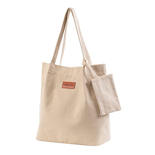 Canvas Casual Tote Bag Beige for Women Shoulder Library Tote Bags 13 x 6 x 14 Inches Travel School Book Teacher Bags and Totes with Inner Pockets for Work