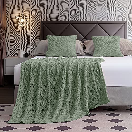 Homiest Sage Green Cable Knit Throw Blanket 60 x 80 Inch, Twin Lightweight Blanket Acrylic Knitted Throw Blanket with Diamond Texture, Soft & Cozy Blanket Decorative Throw Blanket for Couch Bed Sofa