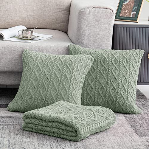 Homiest Sage Green Cable Knit Throw Blanket 60 x 80 Inch, Twin Lightweight Blanket Acrylic Knitted Throw Blanket with Diamond Texture, Soft & Cozy Blanket Decorative Throw Blanket for Couch Bed Sofa