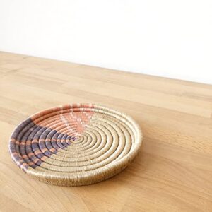 Mini African Tray- Mimuli/Rwanda Basket/Sisal & Sweetgrass Woven Basket/Purple, Peach Tan