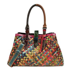 Women Multicolor Splicing Genuine Leather Handbag Designer Hand Woven Satchel Purses Top Handle Shoulder Totes Crossbody Bag (Multicolor)