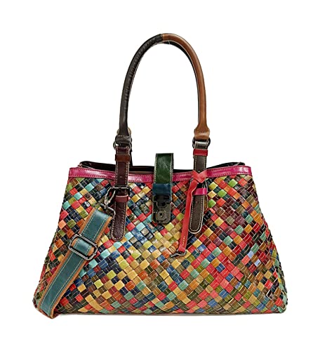 Women Multicolor Splicing Genuine Leather Handbag Designer Hand Woven Satchel Purses Top Handle Shoulder Totes Crossbody Bag (Multicolor)