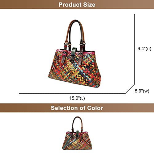 Women Multicolor Splicing Genuine Leather Handbag Designer Hand Woven Satchel Purses Top Handle Shoulder Totes Crossbody Bag (Multicolor)