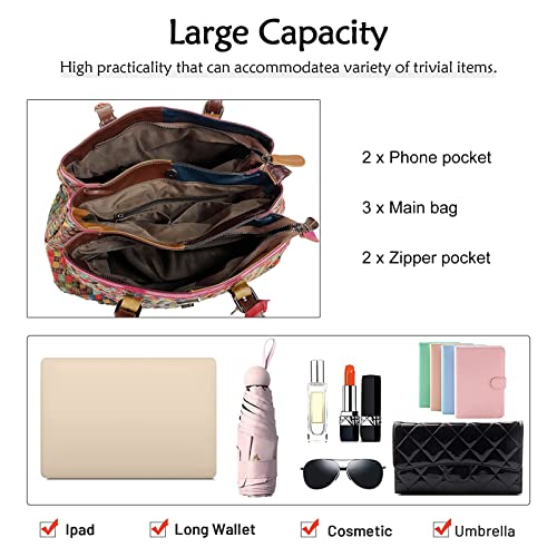 Women Multicolor Splicing Genuine Leather Handbag Designer Hand Woven Satchel Purses Top Handle Shoulder Totes Crossbody Bag (Multicolor)