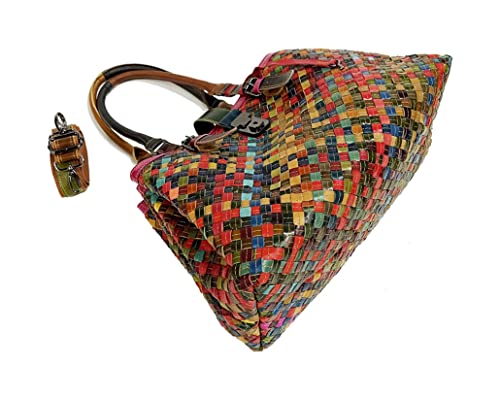 Women Multicolor Splicing Genuine Leather Handbag Designer Hand Woven Satchel Purses Top Handle Shoulder Totes Crossbody Bag (Multicolor)