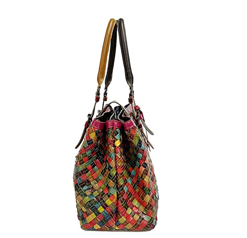 Women Multicolor Splicing Genuine Leather Handbag Designer Hand Woven Satchel Purses Top Handle Shoulder Totes Crossbody Bag (Multicolor)