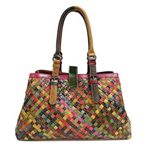 Women Multicolor Splicing Genuine Leather Handbag Designer Hand Woven Satchel Purses Top Handle Shoulder Totes Crossbody Bag (Multicolor)