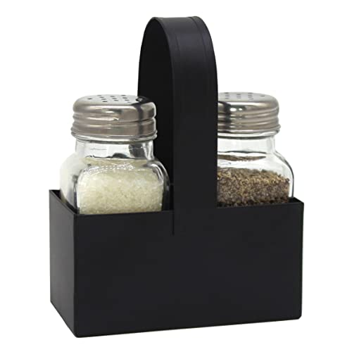 CVHOMEDECO. Salt and Pepper Shakers Set with Black Galvanized Caddy, Farmhouse Glass Salt and Pepper Shaker Dispensers, Black Metal Holder with Padded Feet, for Home Kitchen Table Decor. Rectangular