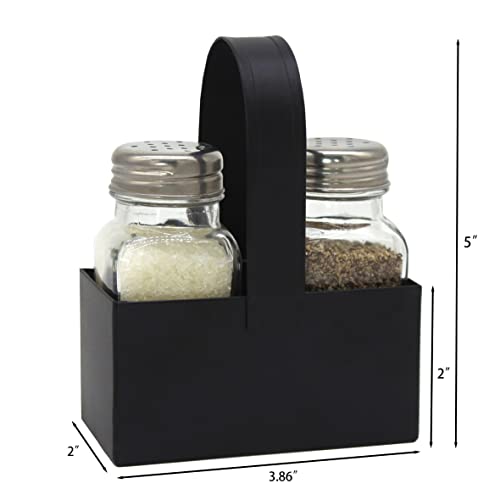 CVHOMEDECO. Salt and Pepper Shakers Set with Black Galvanized Caddy, Farmhouse Glass Salt and Pepper Shaker Dispensers, Black Metal Holder with Padded Feet, for Home Kitchen Table Decor. Rectangular