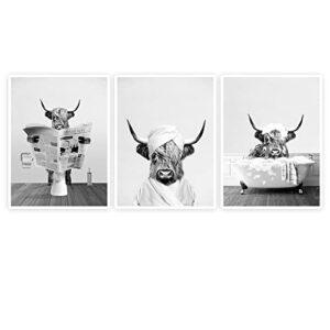 ylyyoo funny highland cow bathroom wall art,black and white canvas wall art farmhouse bathroom wall decor,highland cow pictures prints for wall decor set of 3 unframed. (black,3pcs-12″x16″-unframed)