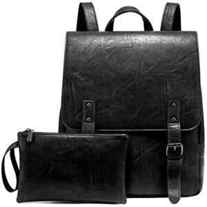 lovevook leather backpack purse black vintage backpack for women girls travel daypacks bags fits for ipad with small clutch 2pcs