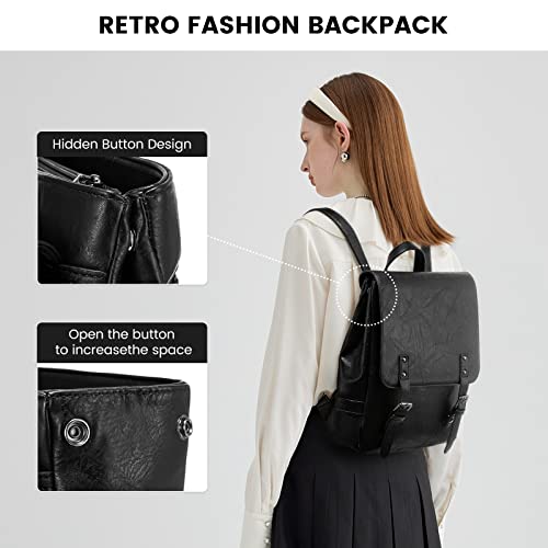 LOVEVOOK Leather Backpack Purse Black Vintage Backpack for Women Girls Travel Daypacks Bags Fits for Ipad with Small Clutch 2pcs