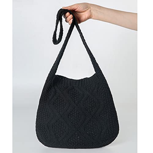 gabangjange Crochet Shoulder HandBags Hobo Knitted Tote Bag Shopping Bags Black