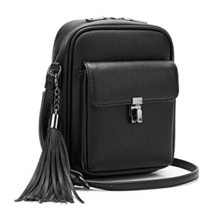 keyli double zipper crossbody cell phone purse fashion lightweight waterproof leather crossbody bag for women anti-theft mini travel messenger shoulder handbag wallet with tassel black