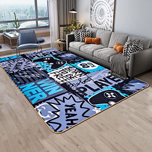 Game Rug Teen Boys Carpet, Gaming Rugs for Boy’s Bedroom with Game Controller Decoration Non Slip Floor Mat for Bedroom Living Room Playroom Sofa Indoor Outdoor Area (Blue, 120x80cm)