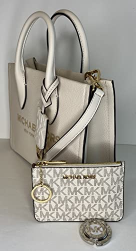 Michael Kors Mirella Small Shopper Top Zip Bag bundled SM TZ Coinpouch Purse Hook (LT Cream Multi/Vanilla PVC)