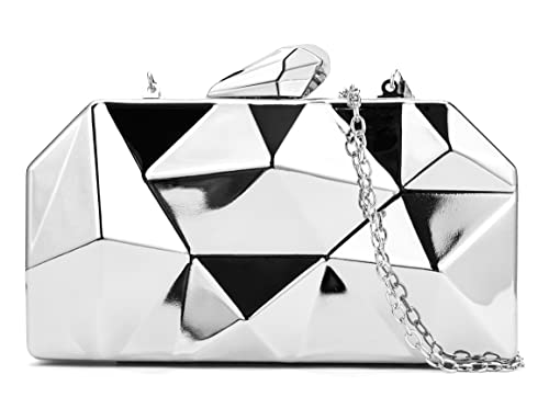 Tukaneeko Silver Evening Geometric Handbags Crossbody bags for Women Metal Clutch Purses for Parties Wedding with Chain