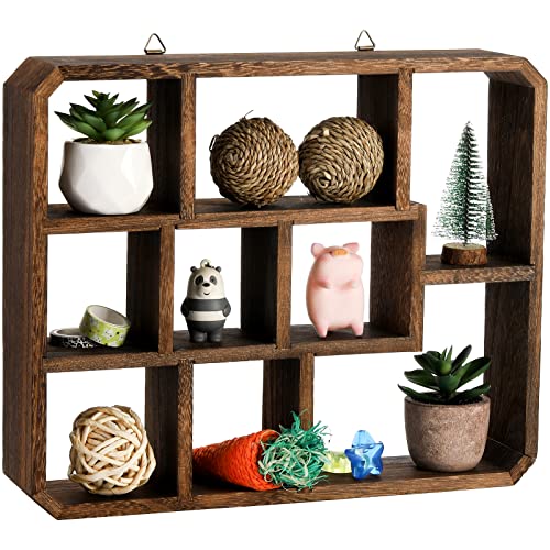 Frcctre Rustic Shadow Box Display Shelf, 9 Compartments Wood Hanging Display Shelf Floating Shelf, Multi-Slot Wall Mounted or Freestanding Farmhouse Decor Display Case