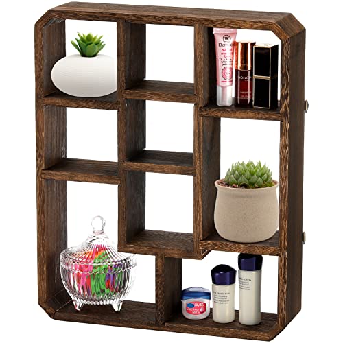 Frcctre Rustic Shadow Box Display Shelf, 9 Compartments Wood Hanging Display Shelf Floating Shelf, Multi-Slot Wall Mounted or Freestanding Farmhouse Decor Display Case