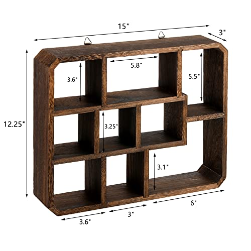 Frcctre Rustic Shadow Box Display Shelf, 9 Compartments Wood Hanging Display Shelf Floating Shelf, Multi-Slot Wall Mounted or Freestanding Farmhouse Decor Display Case