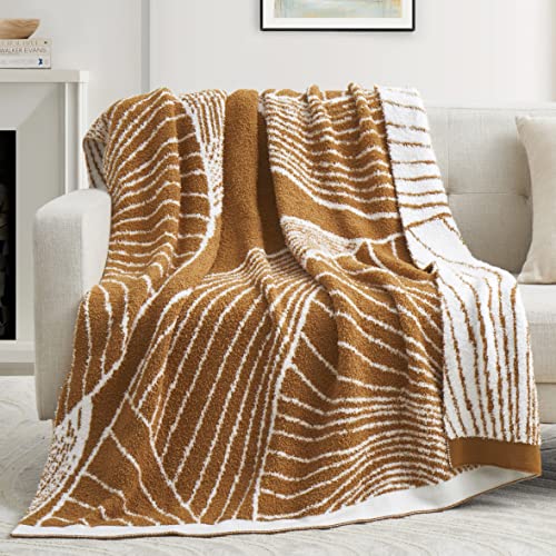 Oli Anderson Sector Knit Throw Blanket for Couch, Lightweight Cozy Blanket and Throws with Plush Reversible Microfiber, Fluffy Blanket for Travel, Bed, Sofa, 60"x80", Caramel